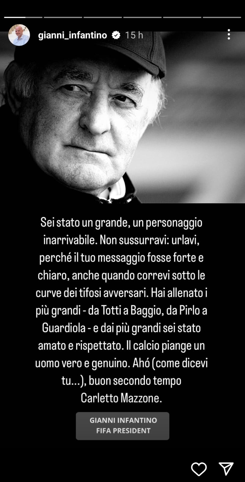 Infantino ricorda Mazzone: «Urlavi affinché il messaggio fosse forte e ...